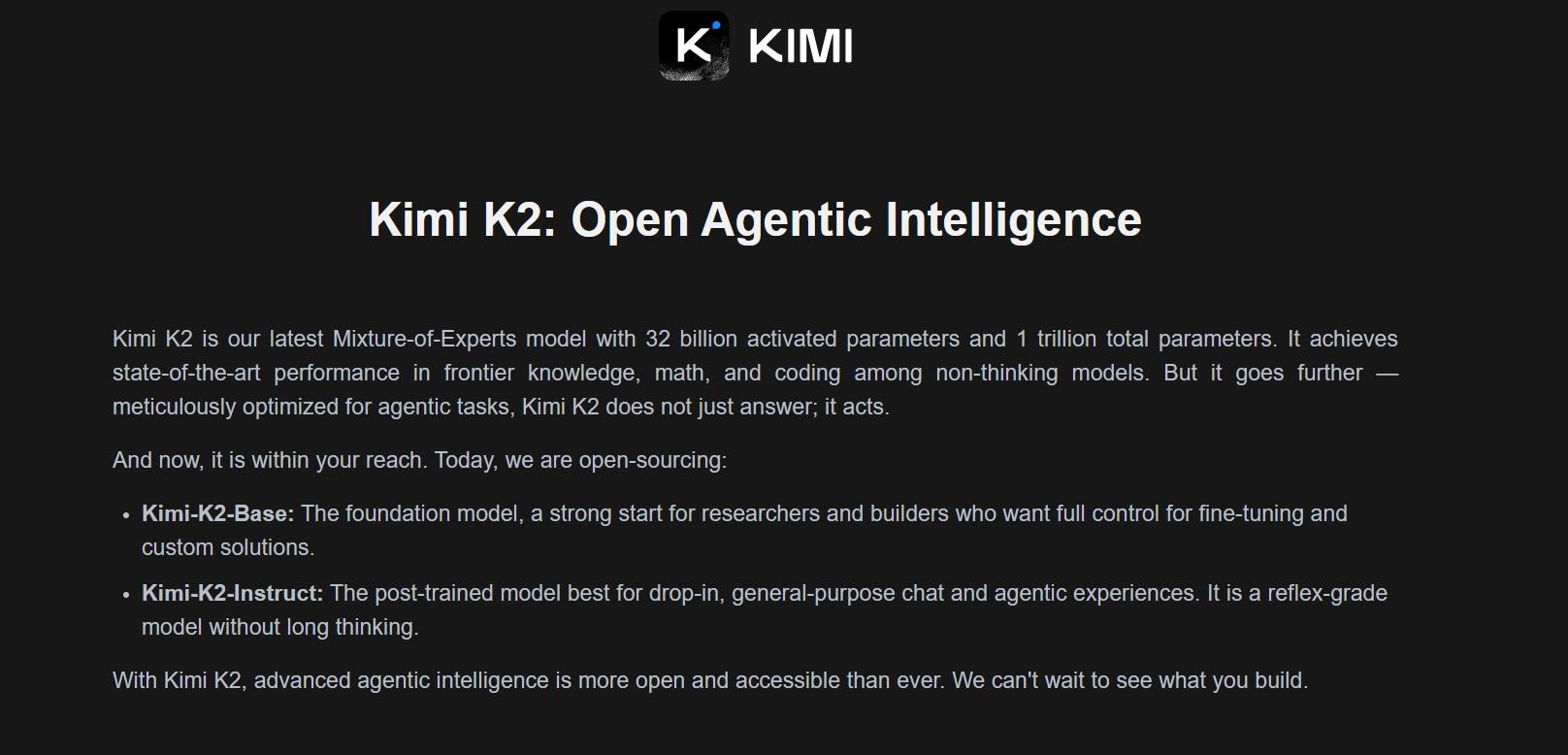 月之暗面开源万亿参数“Kimi K2” 全球开源模型迎来新SOTA - 玉米小站